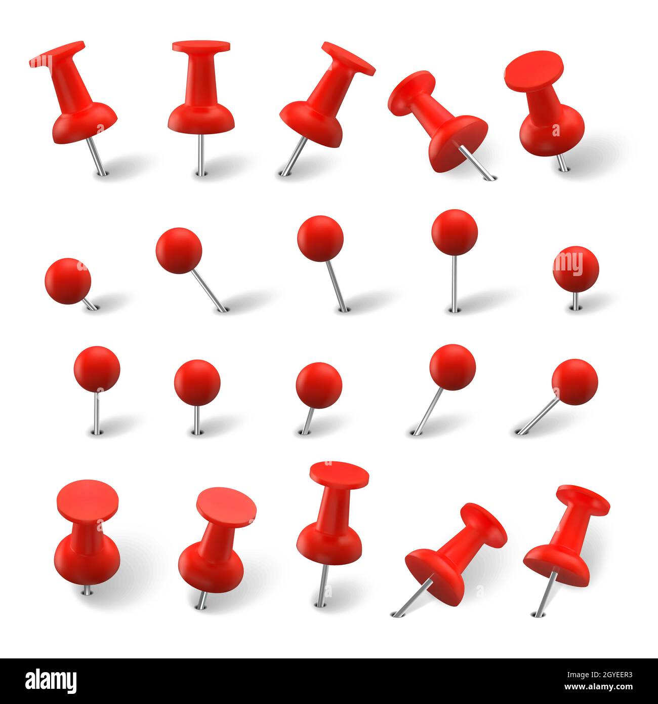 Realistic pins set. Collection of realism style drawn colorful office ...