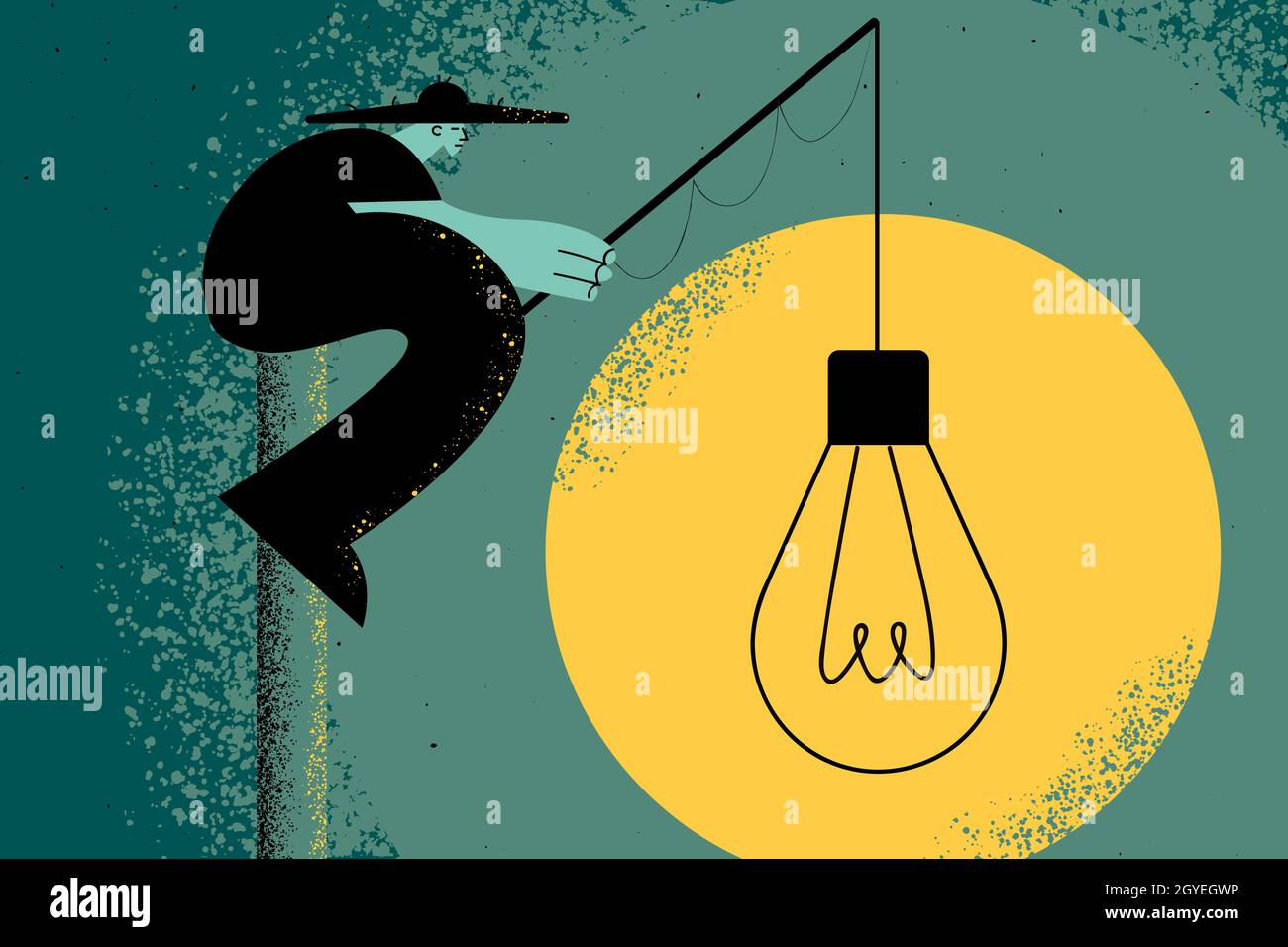 Creativity, innovation, idea concept. Businessman sitting and fishing ...