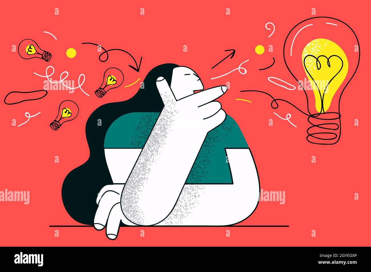 Creativity, genius, new idea concept. Thoughtful student girl holding ...