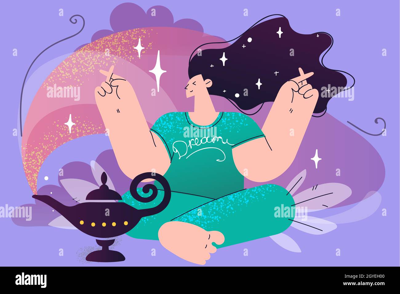 Making wish, dreaming, magic concept. Young woman sitting and making ...