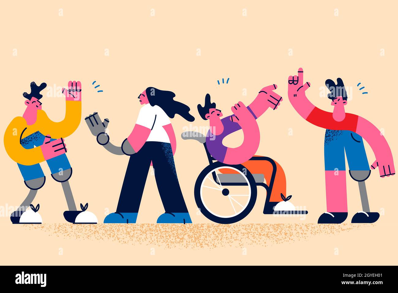 Happy active lifestyle of disabled people concept. Group of young ...