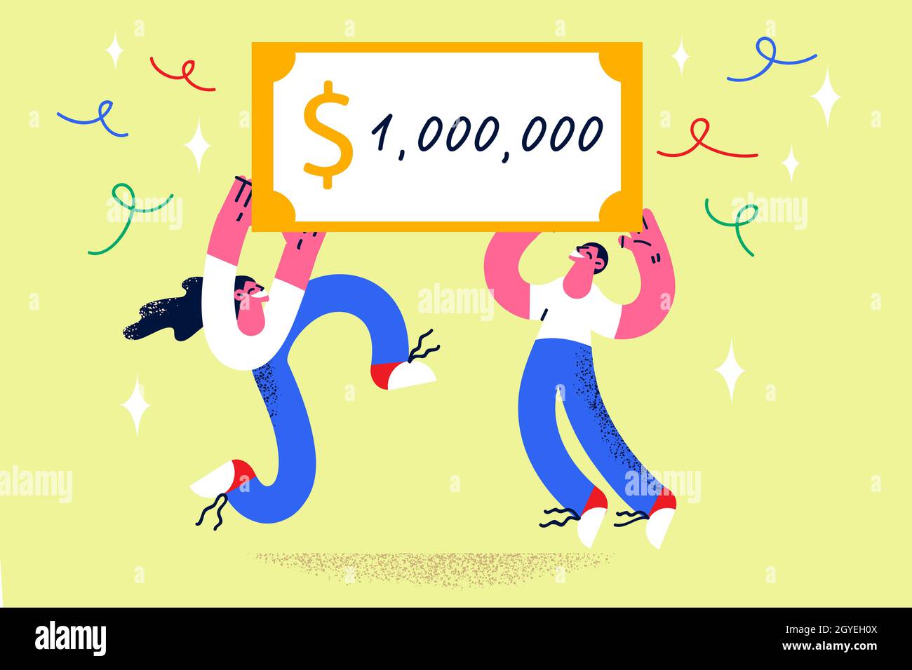 Jackpot, winning money cash concept. Two happy young smiling people ...