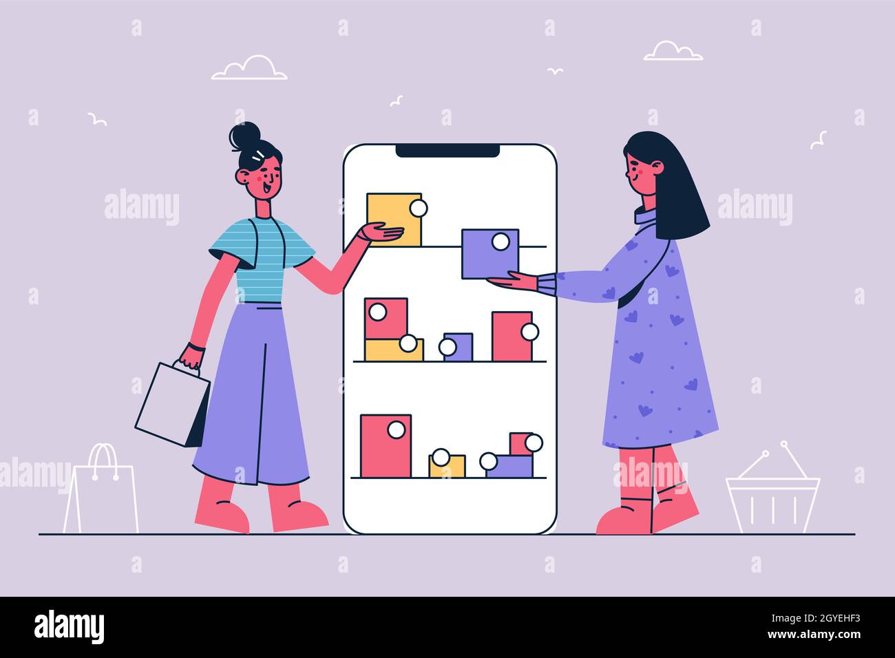 Online shopping and internet purchase concept. Young ladies choosing ...