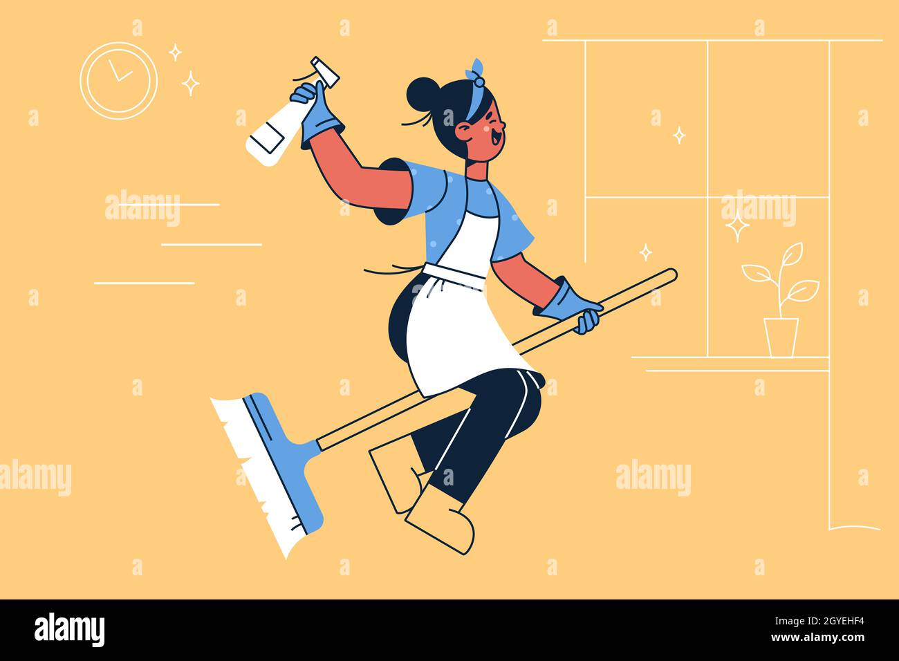 Happy housewife on broom concept. Young smiling woman cartoon character ...