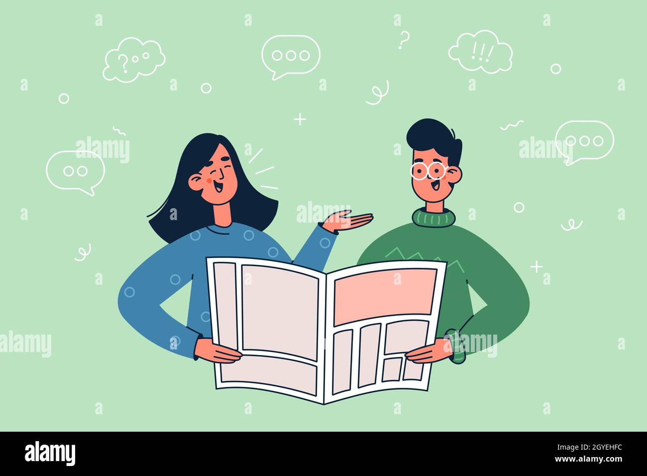 Reading news concept. Young smiling woman and man colleagues of friends ...