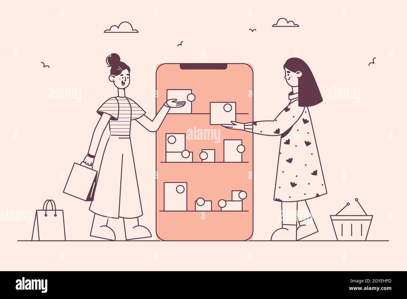 Online shopping and internet purchase concept. Young ladies choosing ...