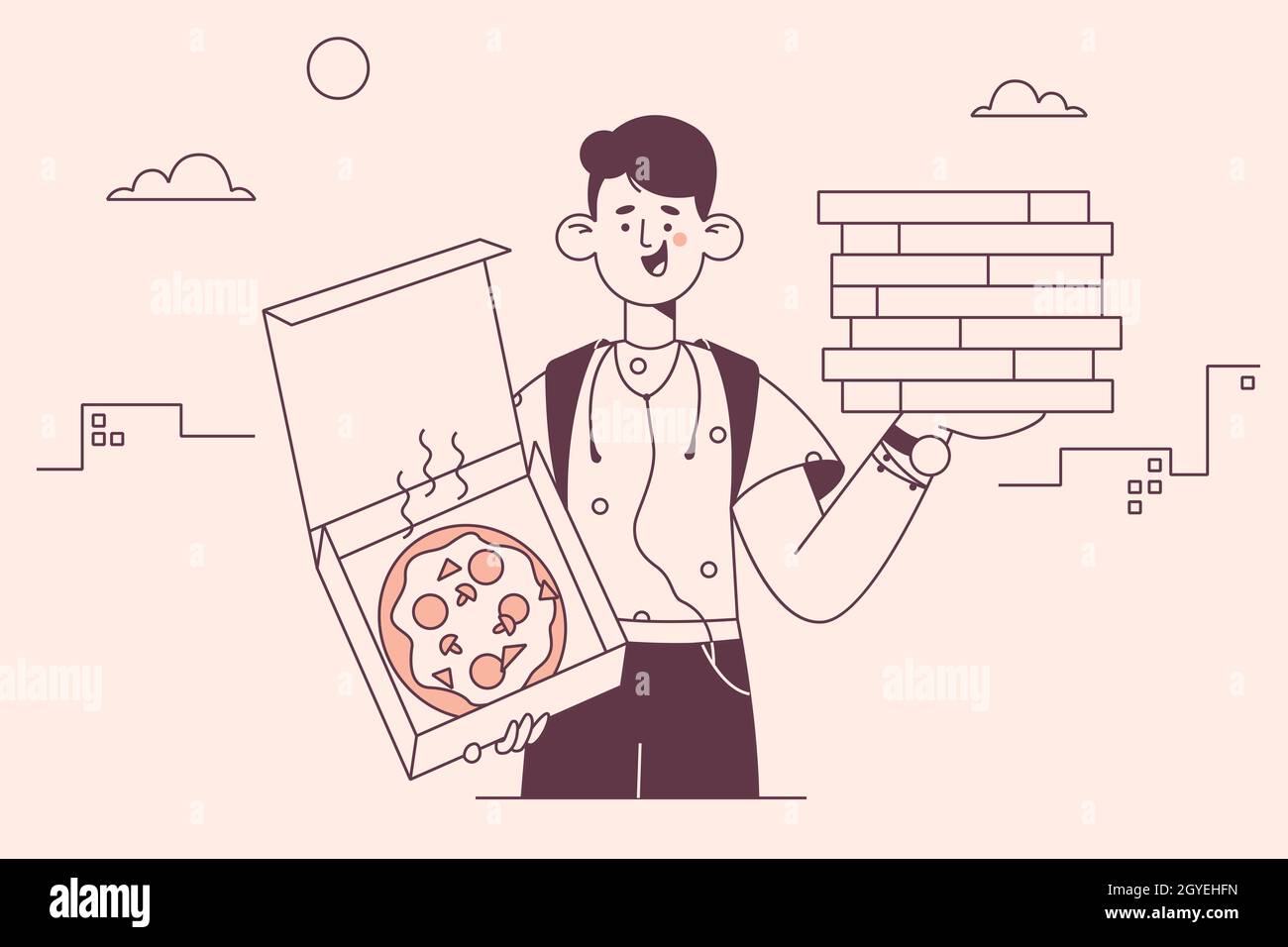 Food service delivery and courier concept. Young positive deliveryman ...
