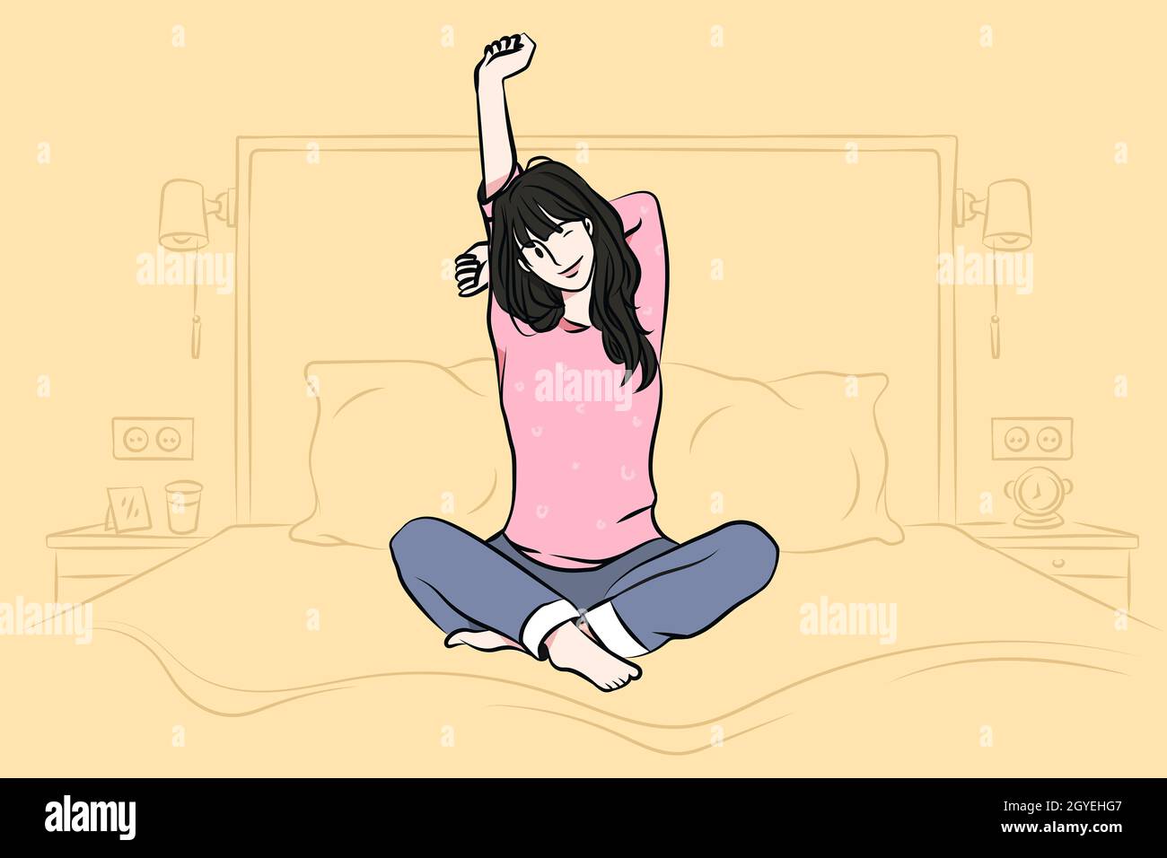 Relaxation and having rest at home concept. Young happy woman in pajama ...