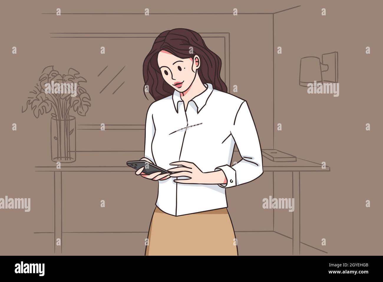 Office worker and online communication concept. Young pretty brunette ...