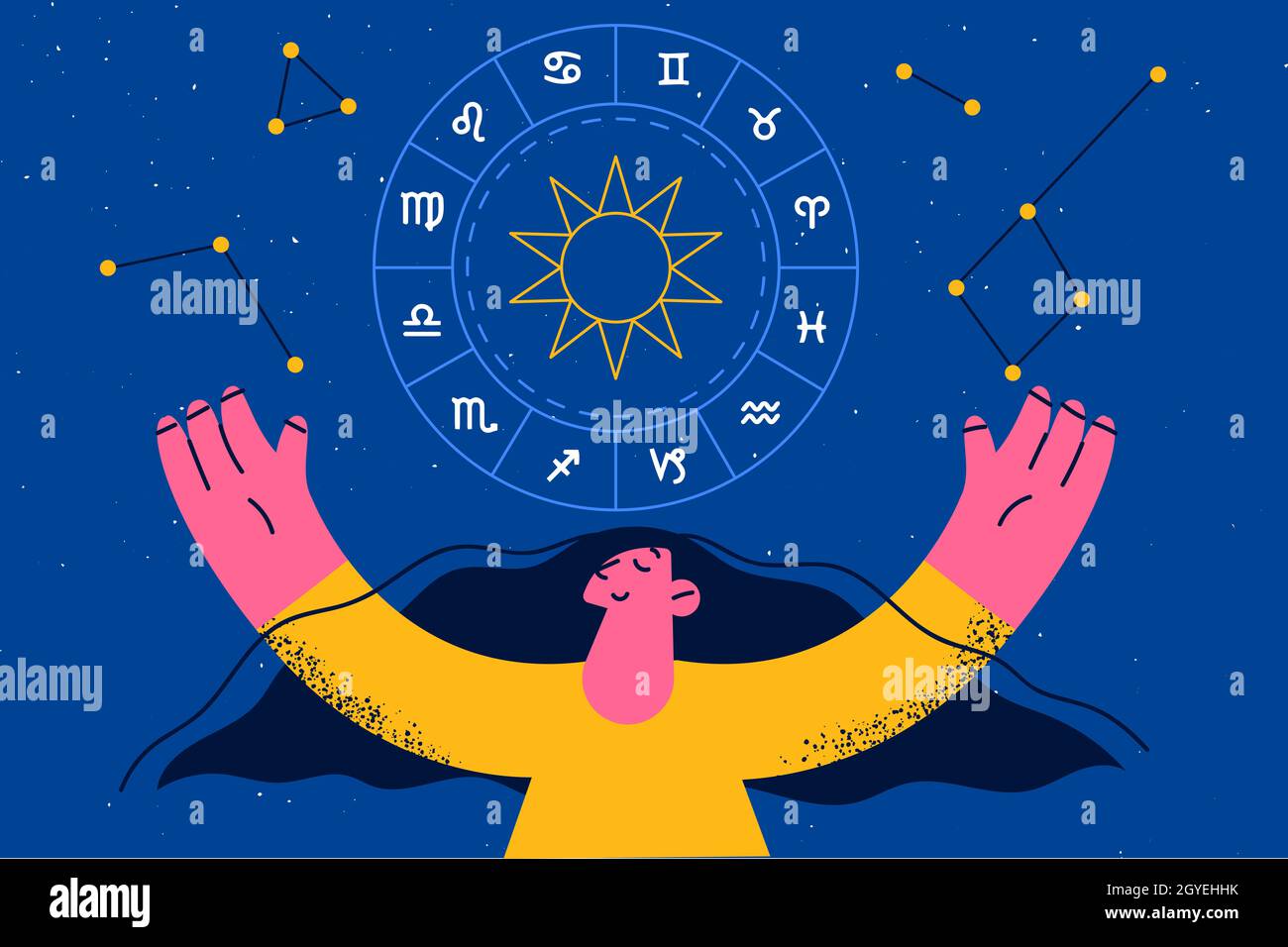 Spirituality and astrology symbols concept. Smiling woman cartoon ...