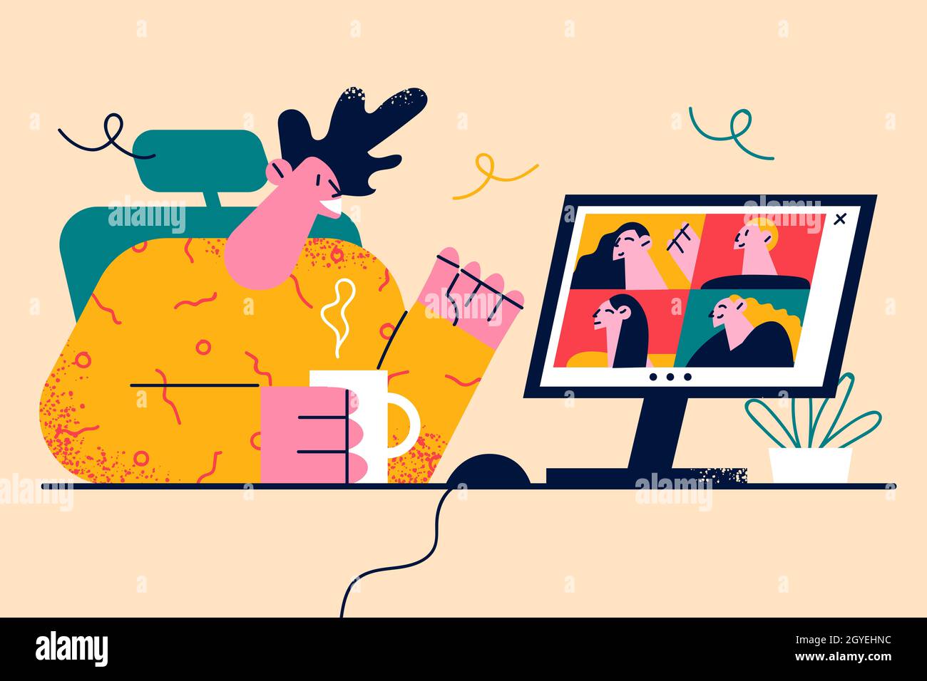 Videoconference, online meeting, remote work concept. Worker sitting ...