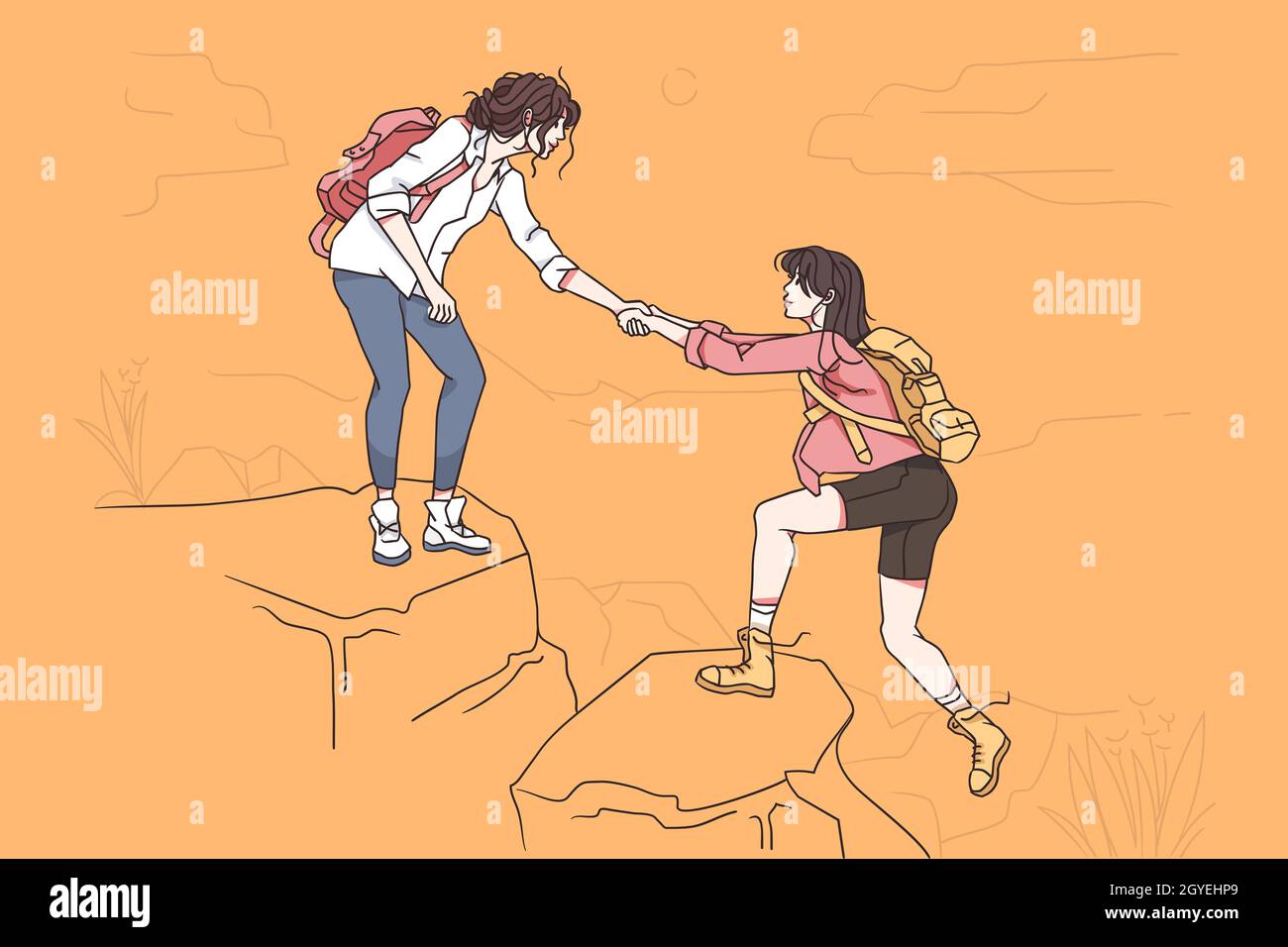 Hiking on nature and assistance concept. Young woman hiker cartoon ...