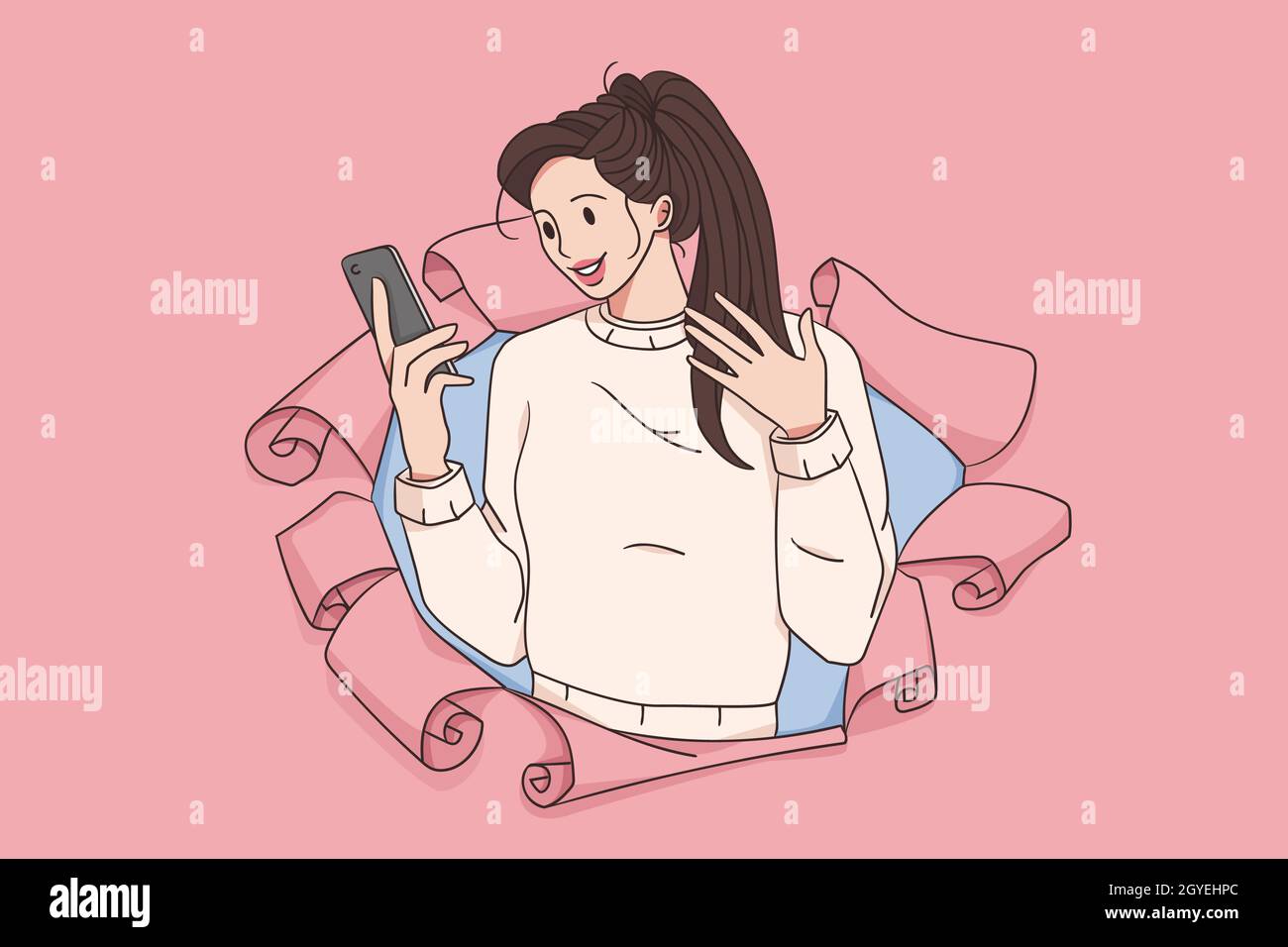 Online communication and chatting concept. Young pretty brunette woman ...