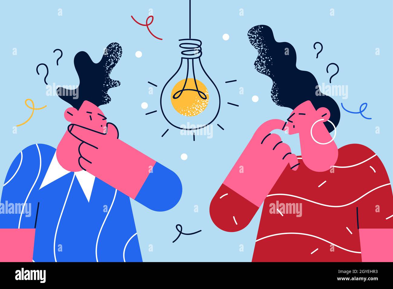 Having doubts and creative ideas concept. Young man and woman cartoon ...