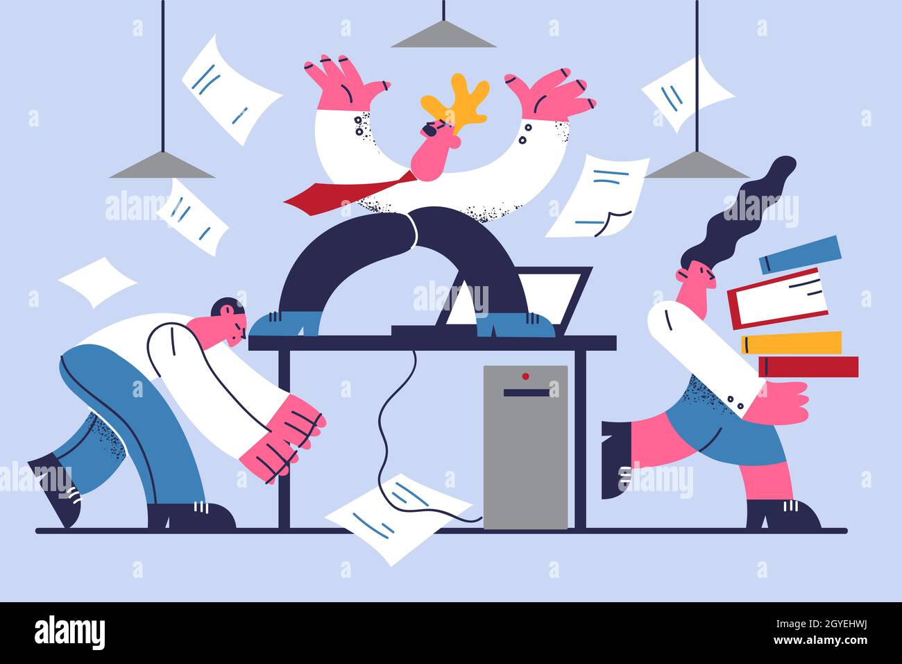 Angry boss and stressed staff concept. Angry man employer standing on ...