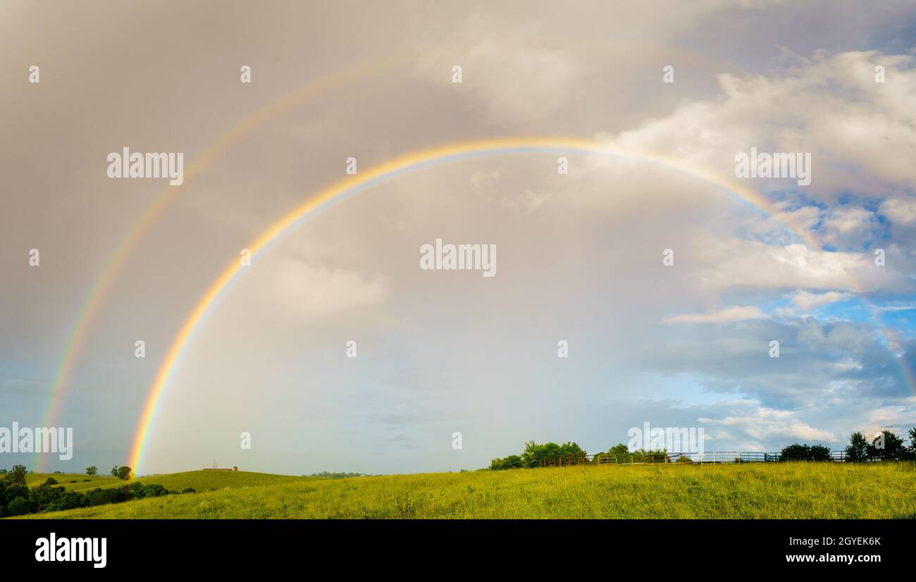 Panoramic view of Central Kentucky countryside with double rainbow ...
