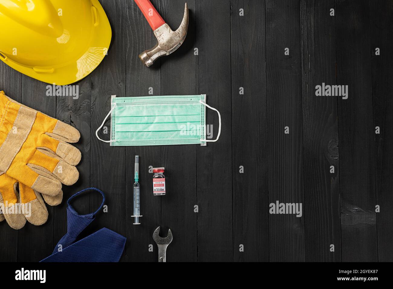 Happy Labor Day during breakout coronavirus. Several constructor work ...