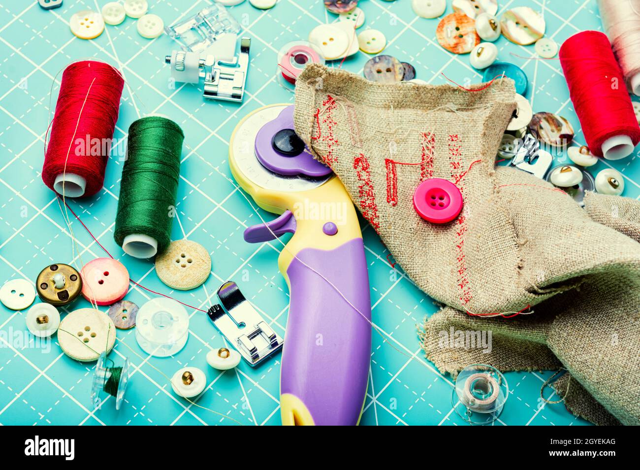 Sewing kit,thread,cloth and buttons.Sewing background,accessories for ...