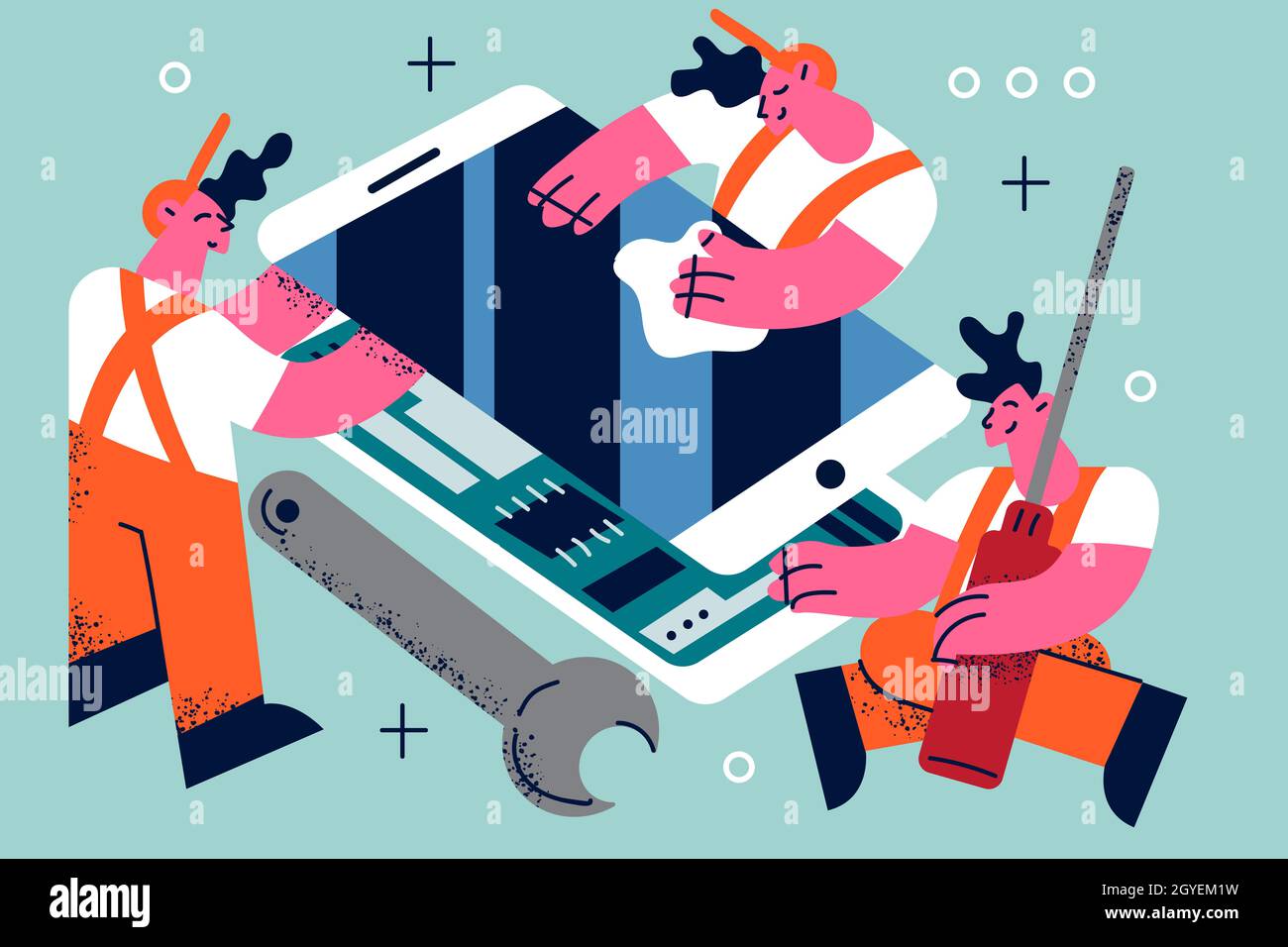 Electronics repair service concept. Workers men with wrench and ...