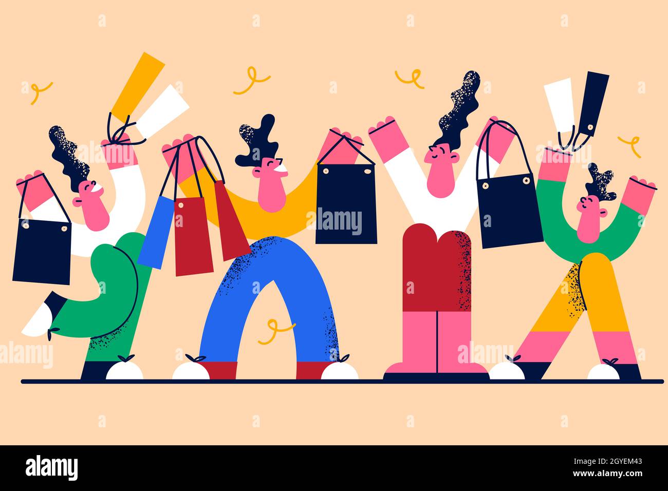 Shopping and sales in shop concept. Smiling happy full family cartoon ...