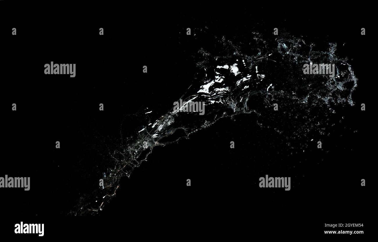 long stream of fresh transparent water isolated on black background ...