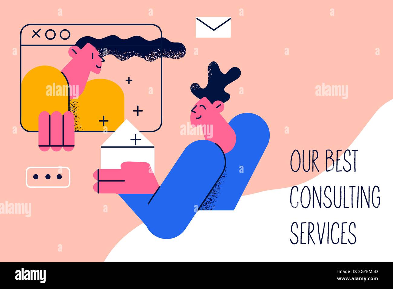 Our best consulting services concept. Positive young man cartoon ...