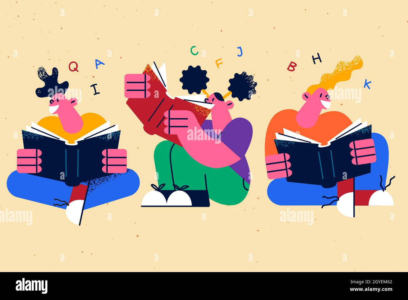 Reading books, education, creative ideas concept. Young smiling teens ...