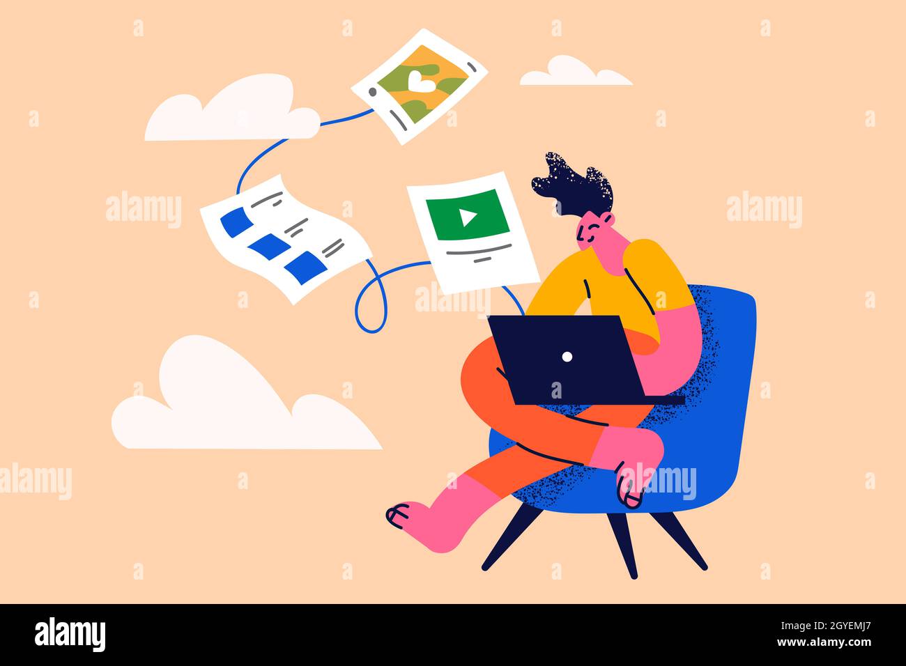 Cloud backup and database synchronization concept. Man cartoon ...