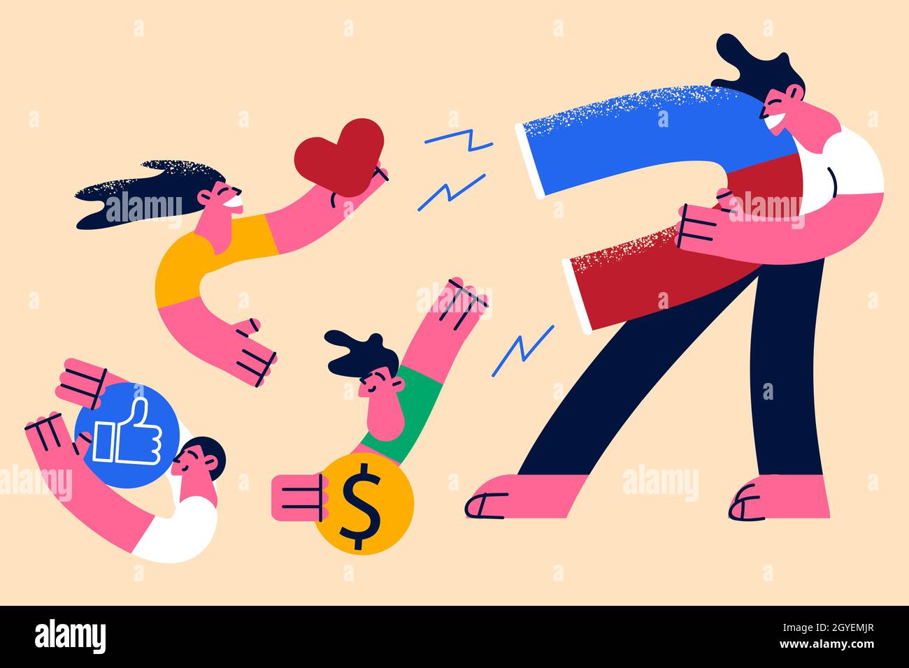 Social medial and influence concept. Young businessman cartoon ...