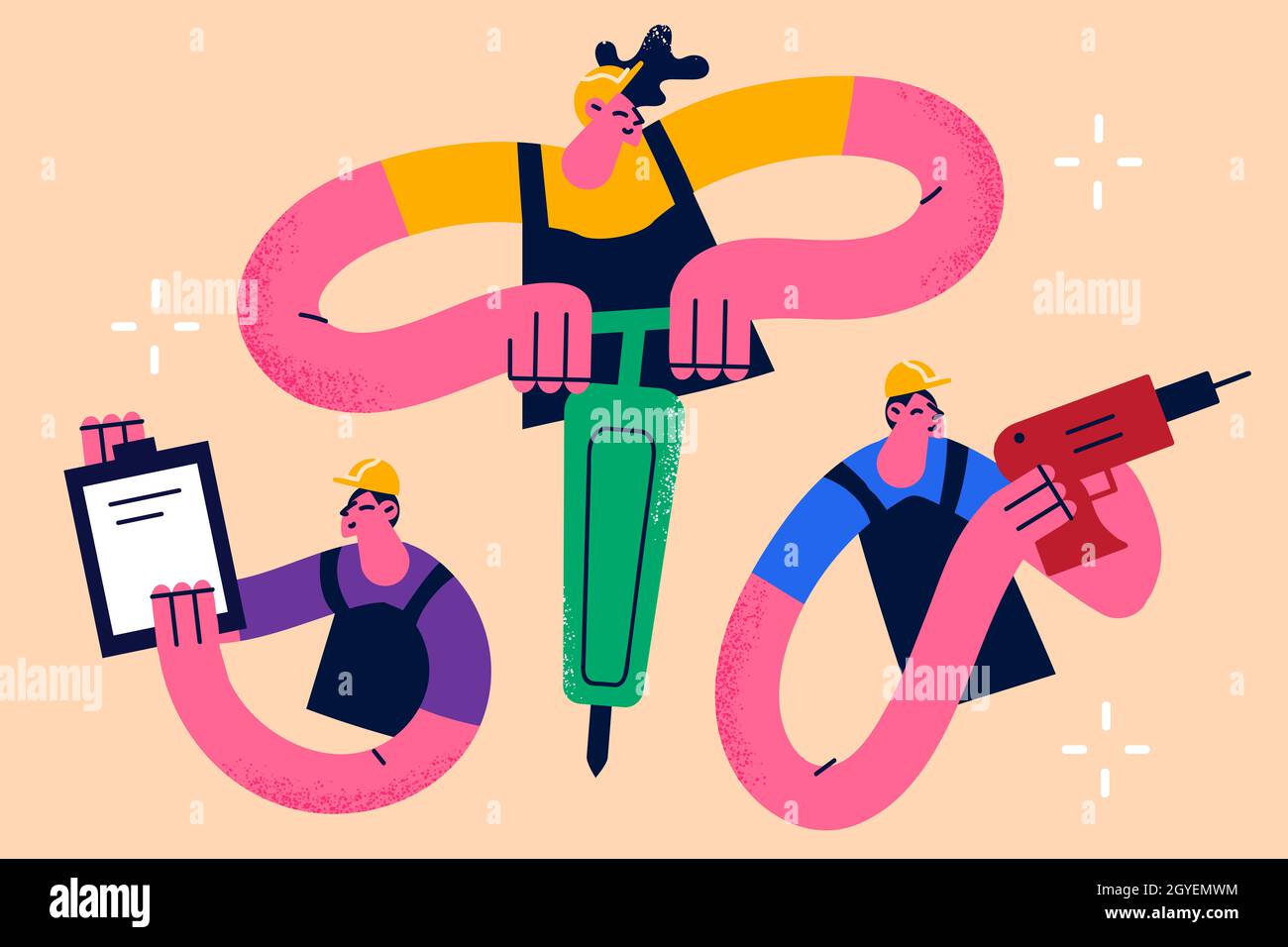 Construction, industry and engineering concept. Workers engineers ...