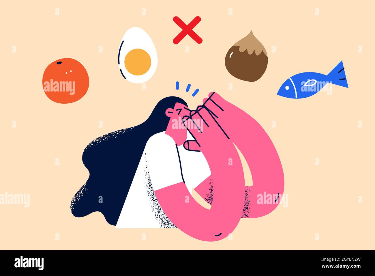 Allergy and special food diet concept. Cute girl cartoon character ...