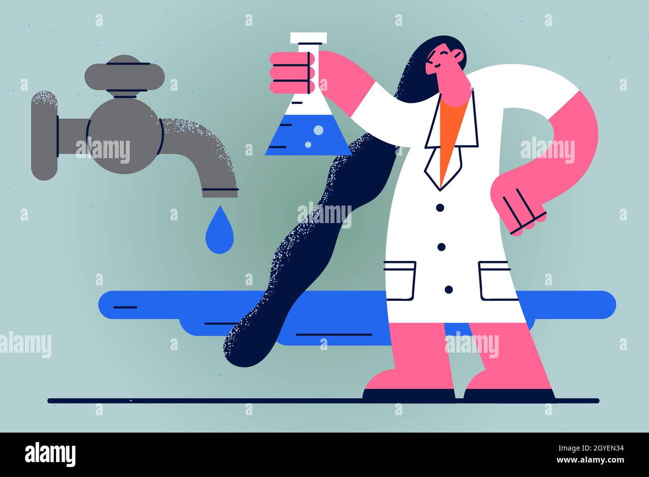 Chemicals in water science concept. Woman scientist cartoon character ...