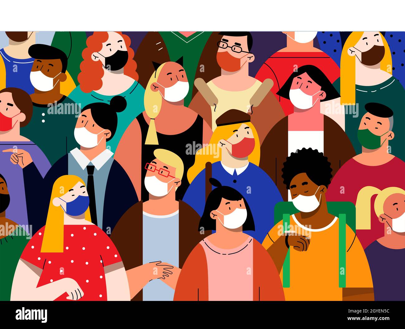 People in white face masks concept. Crowd of men women cartoon ...