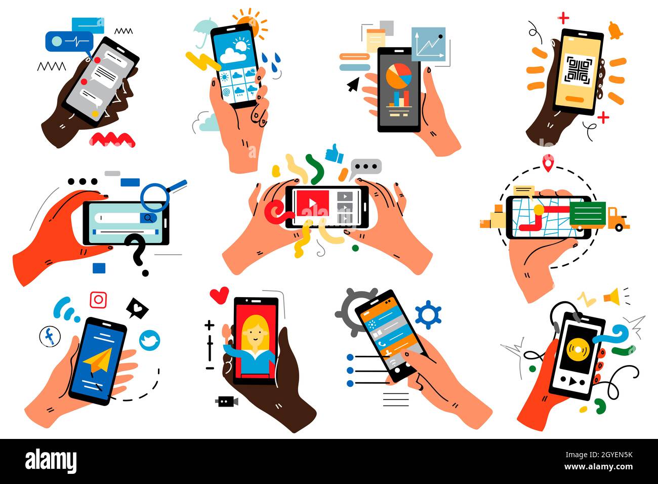 Hands with smartphones doodle set. Human palms holding mobile phones ...