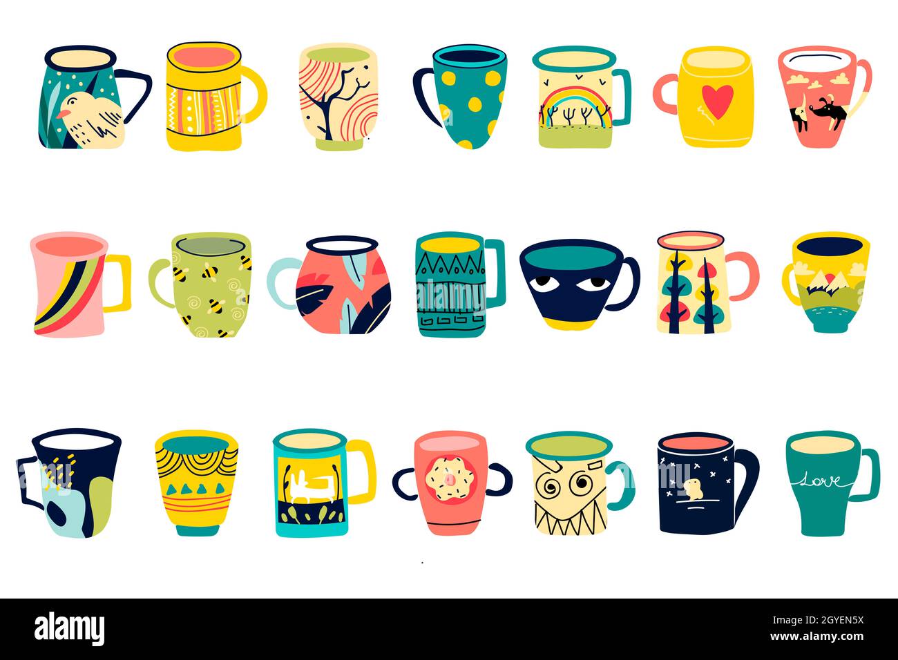Cups doodle set. Collection of different modern coffee tea colored mugs ...