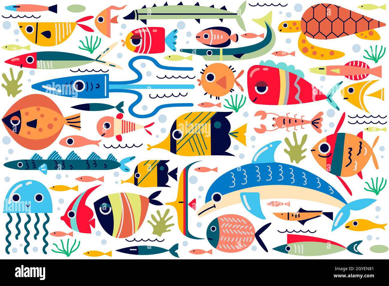 Fish doodle set. Collection of cute different colorful sea ocean river ...