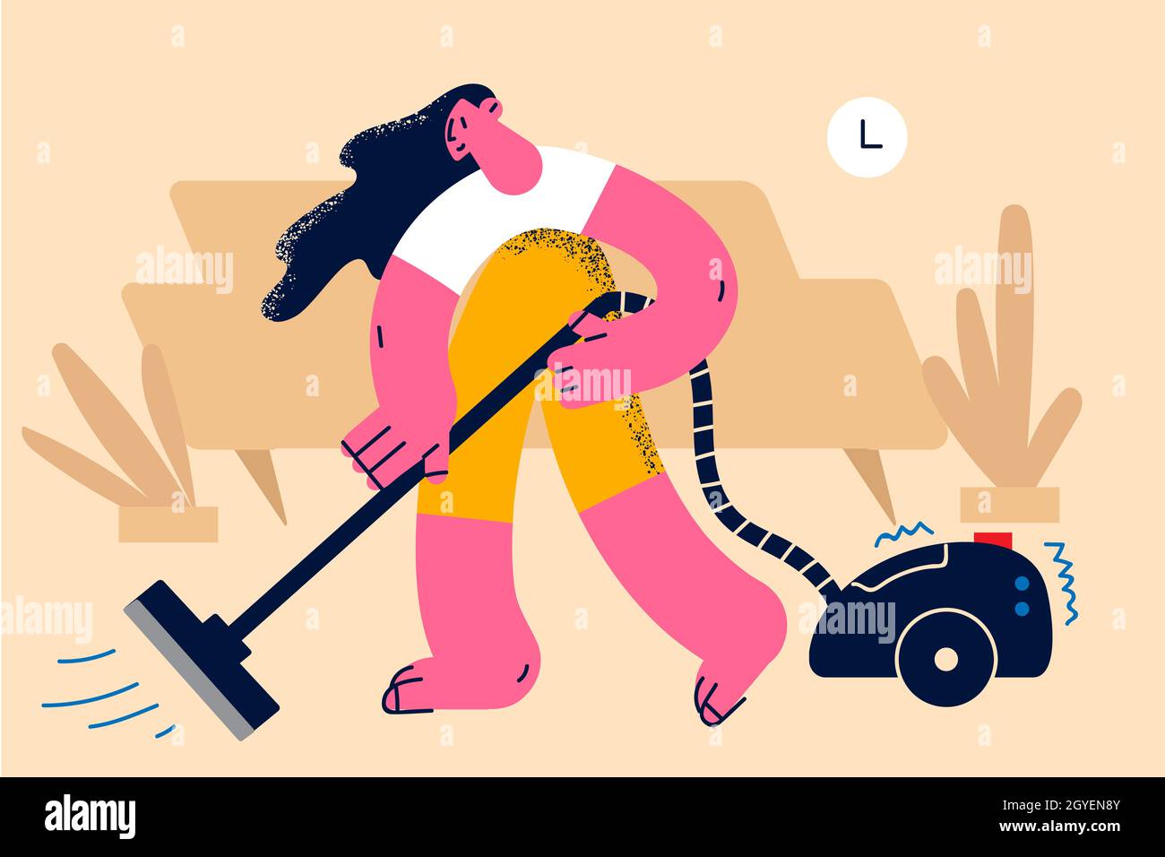 Housework and vacuum cleaning concept. Young smiling woman cartoon ...