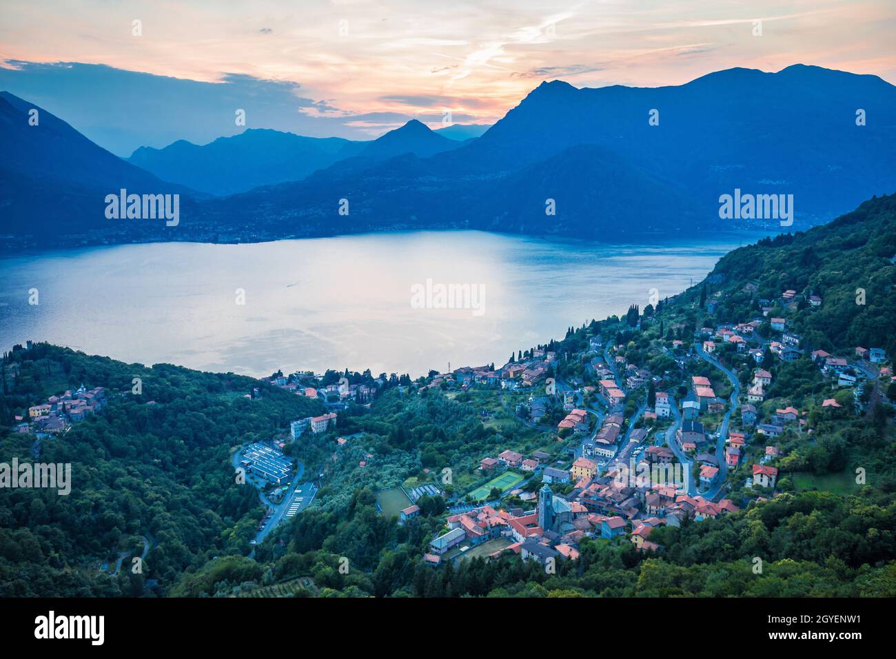 Lake Como above Varenna sunset panoramic view, Lombardy region of Italy ...