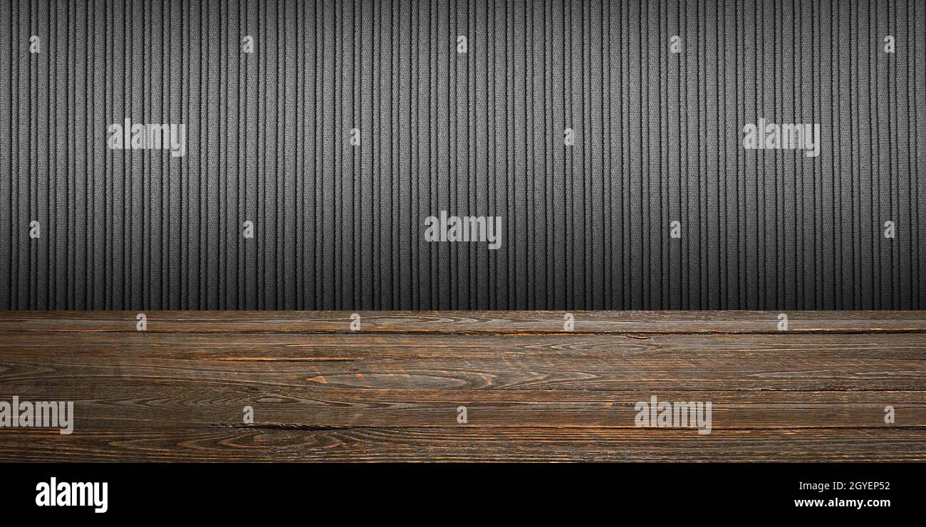 The background is blank wooden boards and a textured striped wall with ...