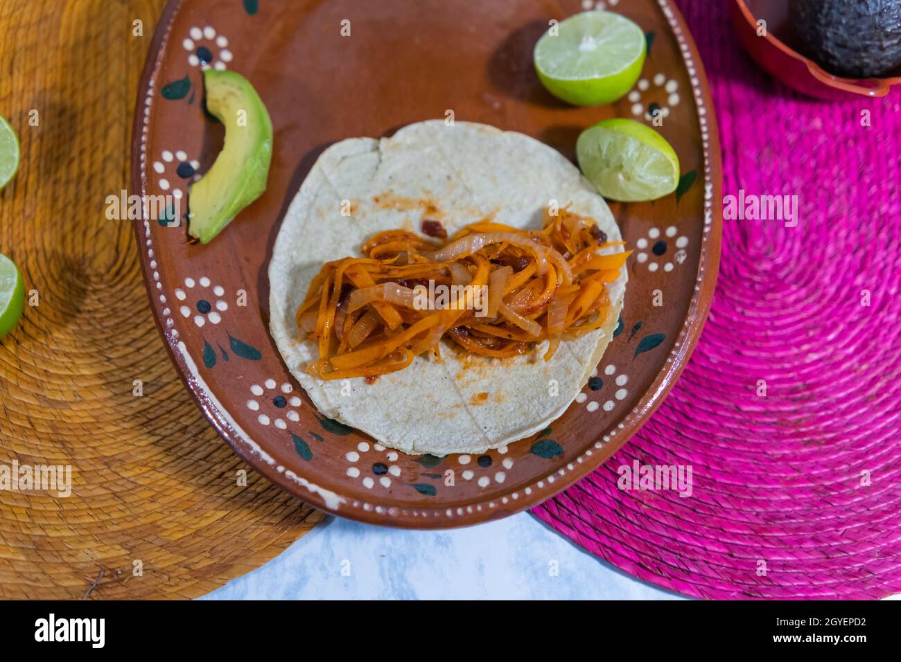 Vegan Mexican tinga taco on traditional clay plate Stock Photo - Alamy