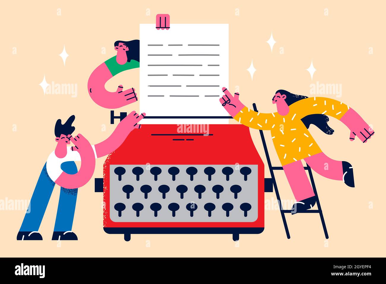 Retro styled typewriter in process concept. Three people typing ...