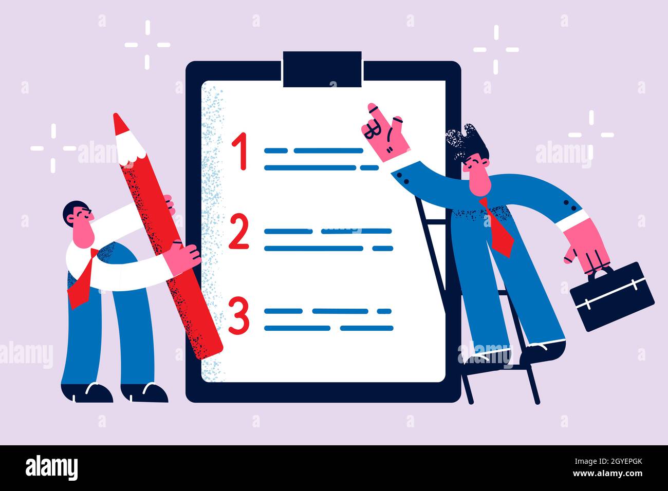 Time management and list of tasks concept. Two business people standing ...