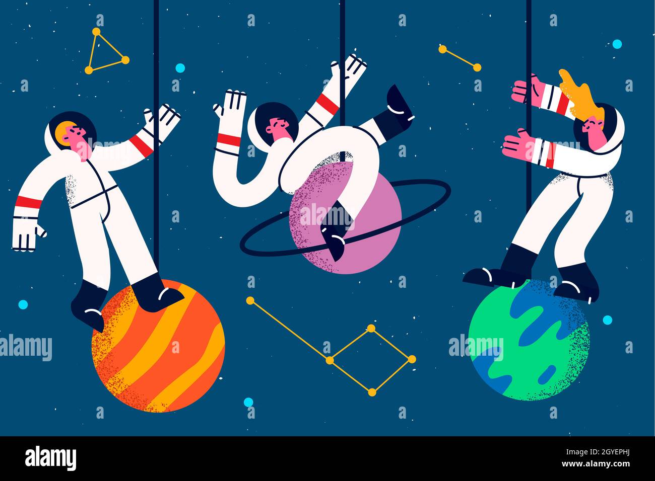 Astronauts and spacemen during work concept. Group of three young ...