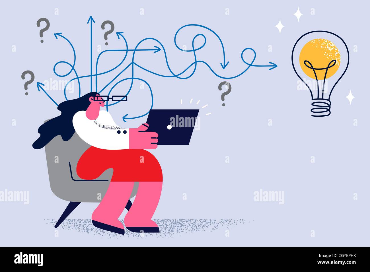 Creativity and innovative ideas concept. Young smiling woman cartoon ...