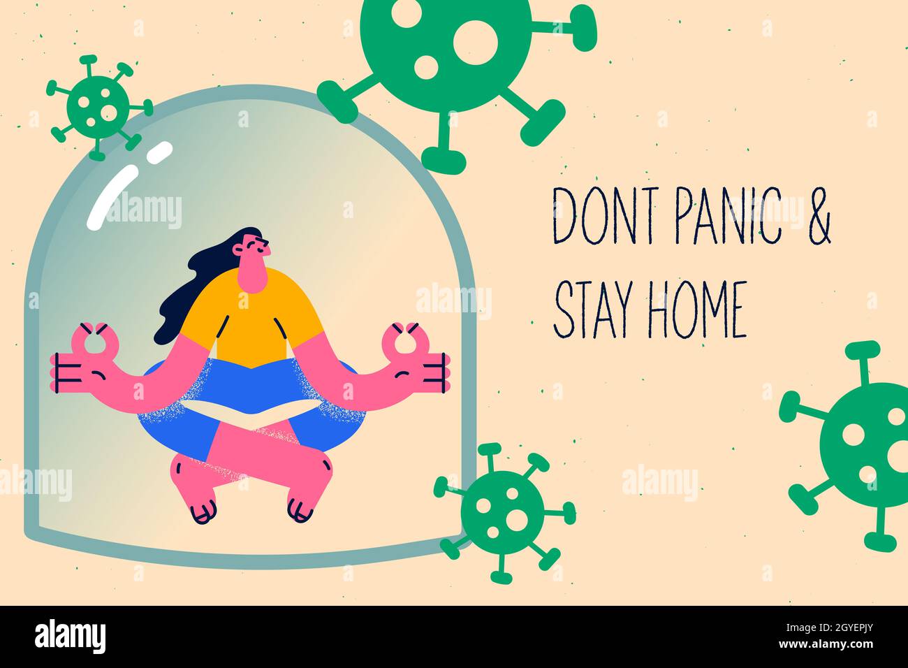 Dont panic and stay home concept. Young smiling meditating woman ...