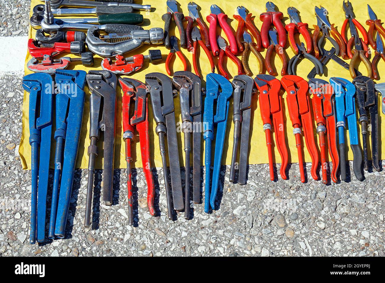 Retro colorful second hand metal wrenches sold on flea market Stock ...
