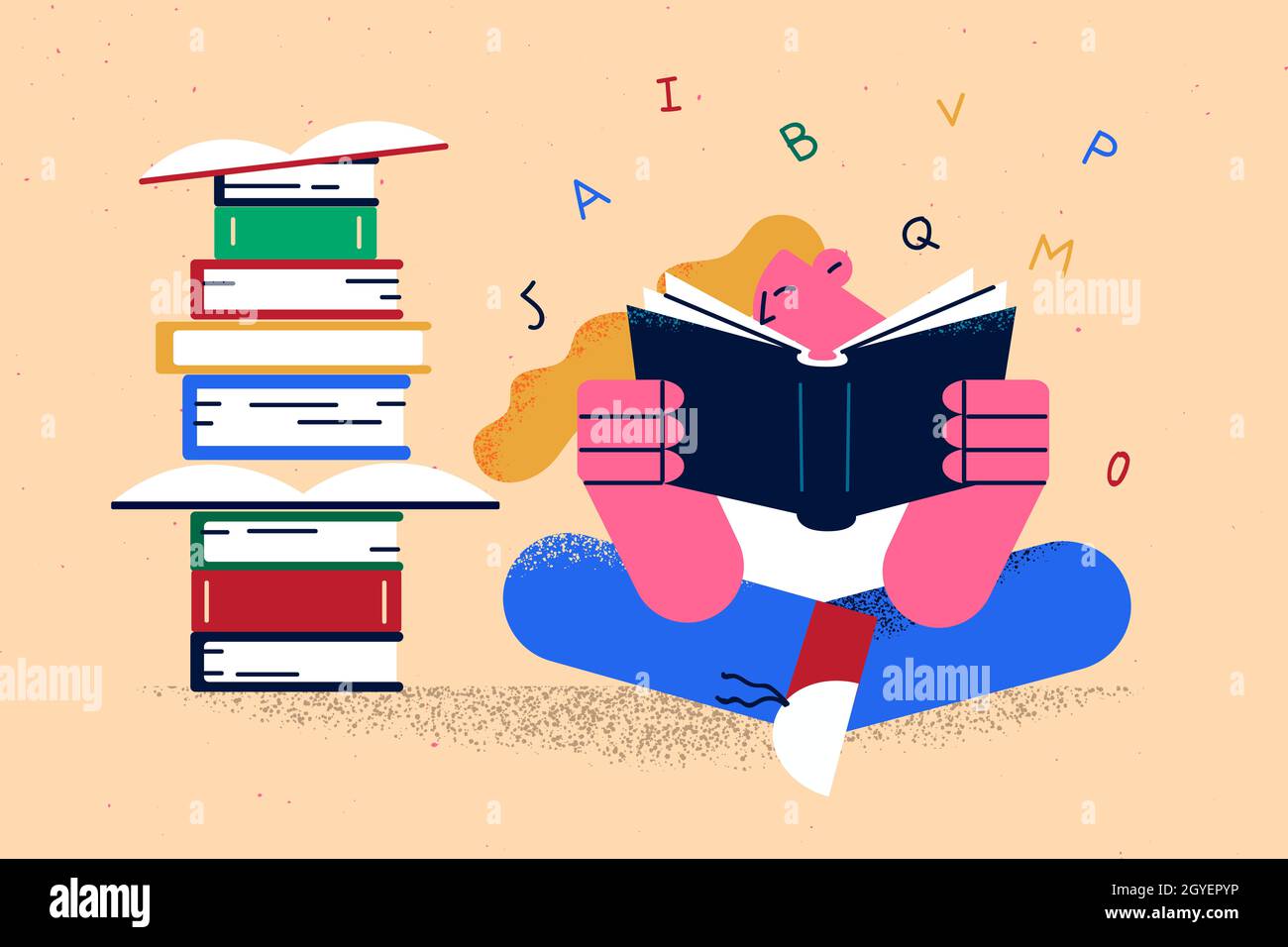 Education, Reading books, learning concept. Young smiling girl cartoon ...