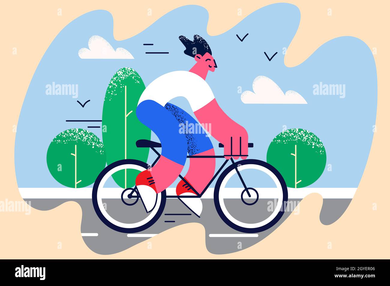 Riding on bicycle and summer activities concept. Smiling positive young ...