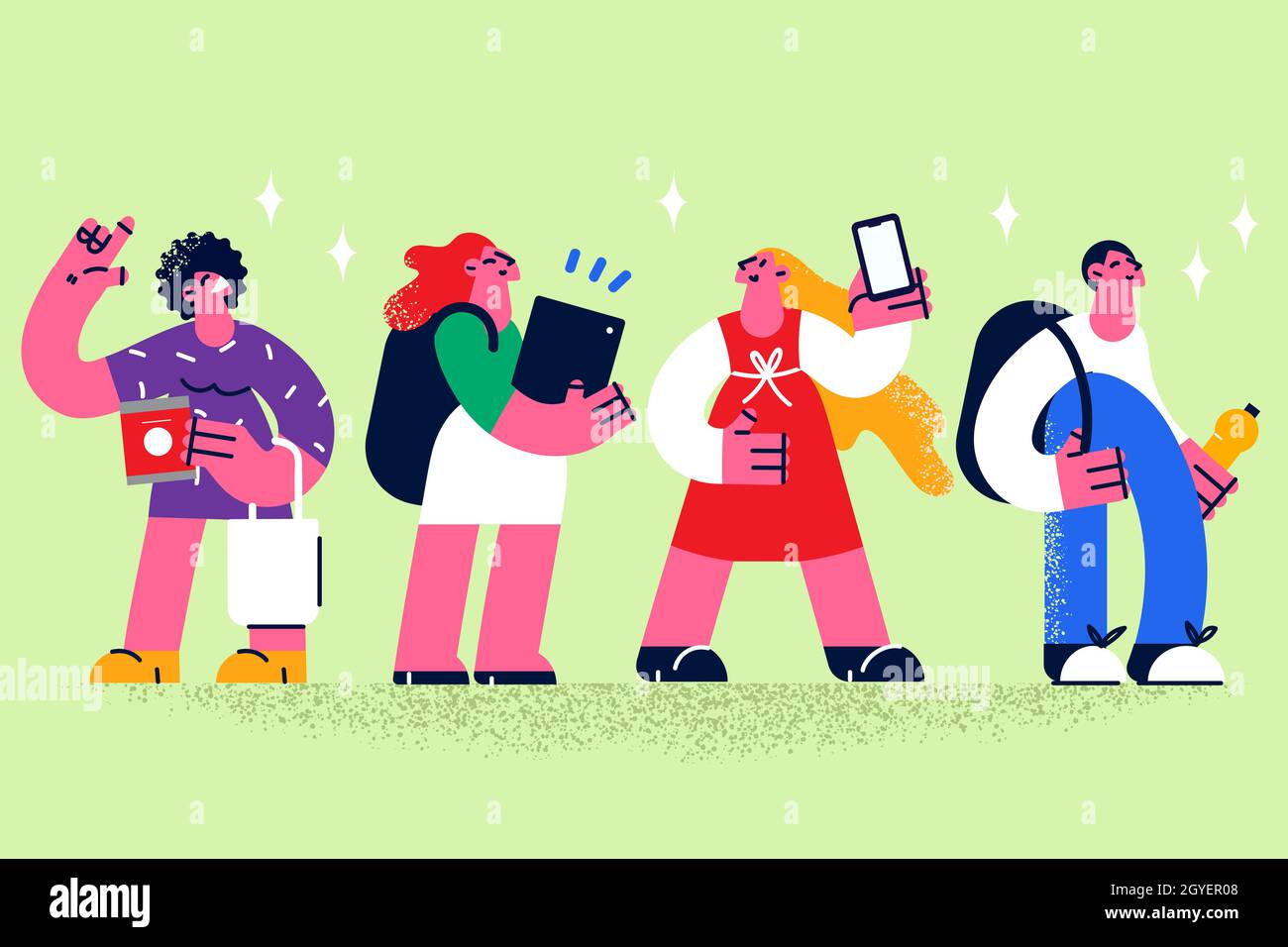 Using gadgets and technology concept. Group of young positive people ...