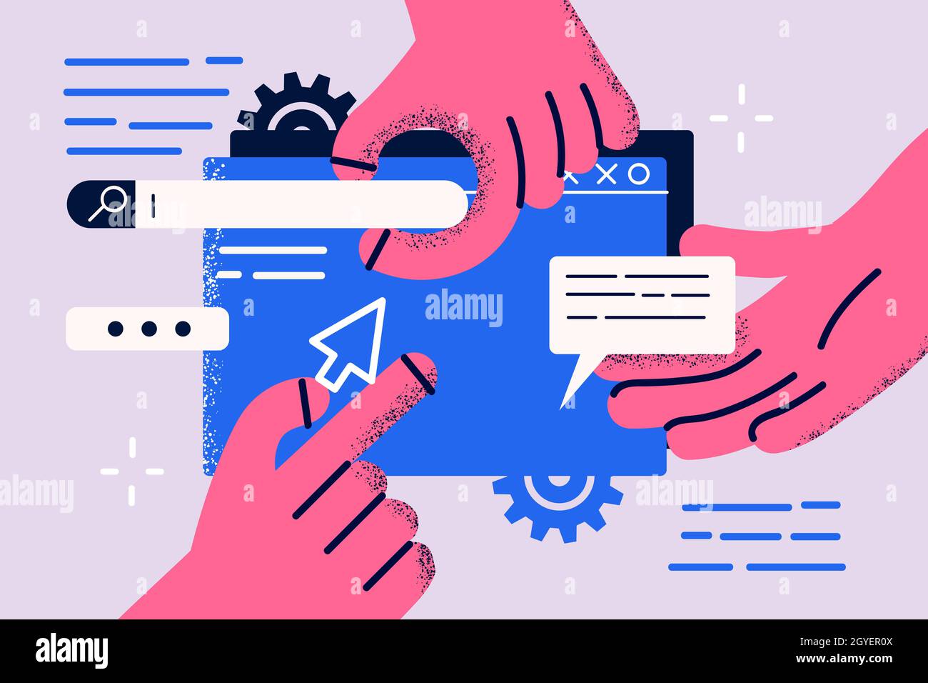 Landing page, programming, research concept. Hands of workers working ...